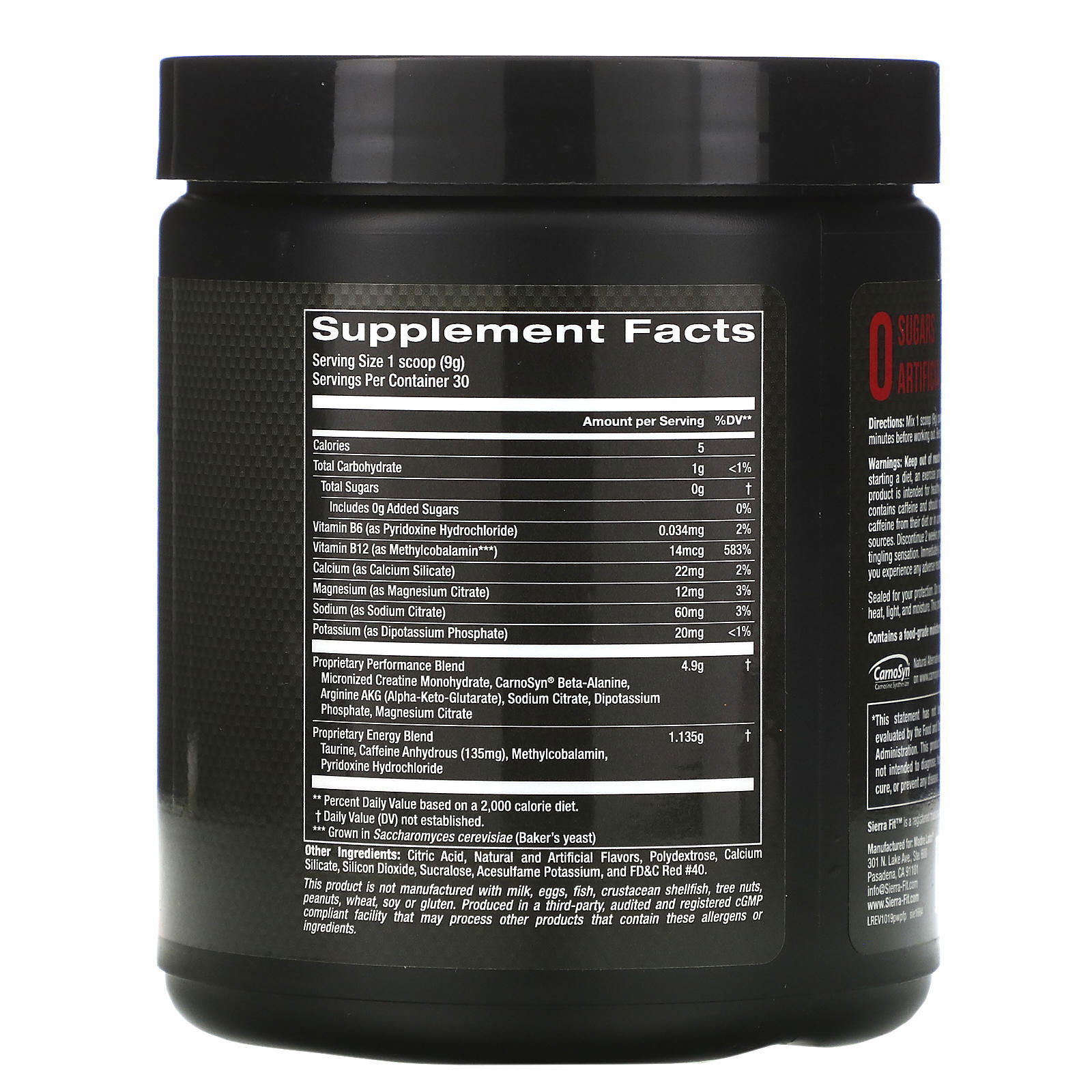 Sierra Fit, Polvo preentrenamiento, Ponche de frutas, 270 g (9,5 oz ...