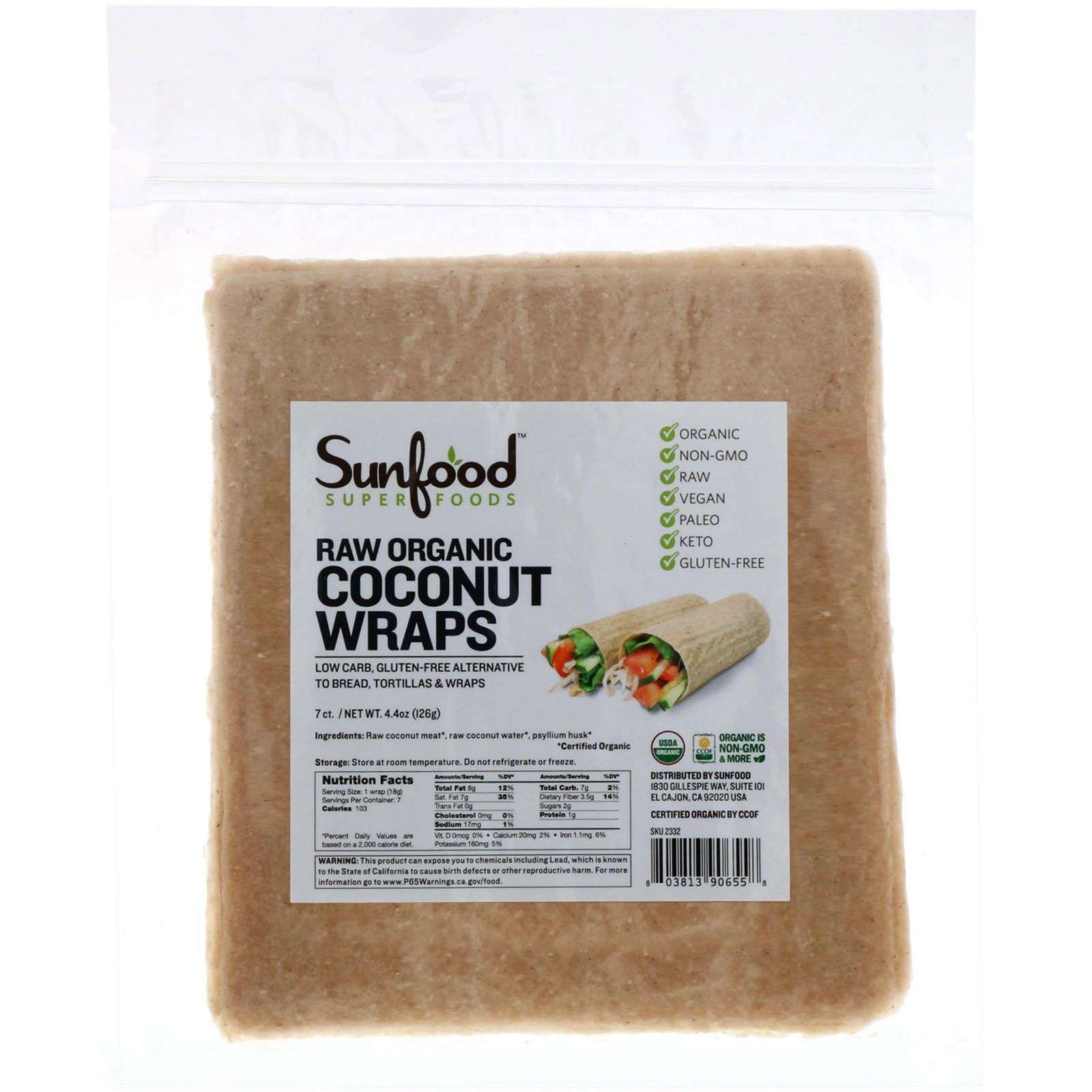 Sunfood, Wraps de coco orgánico crudos, 7 wraps, 126 g (4,4 oz ...