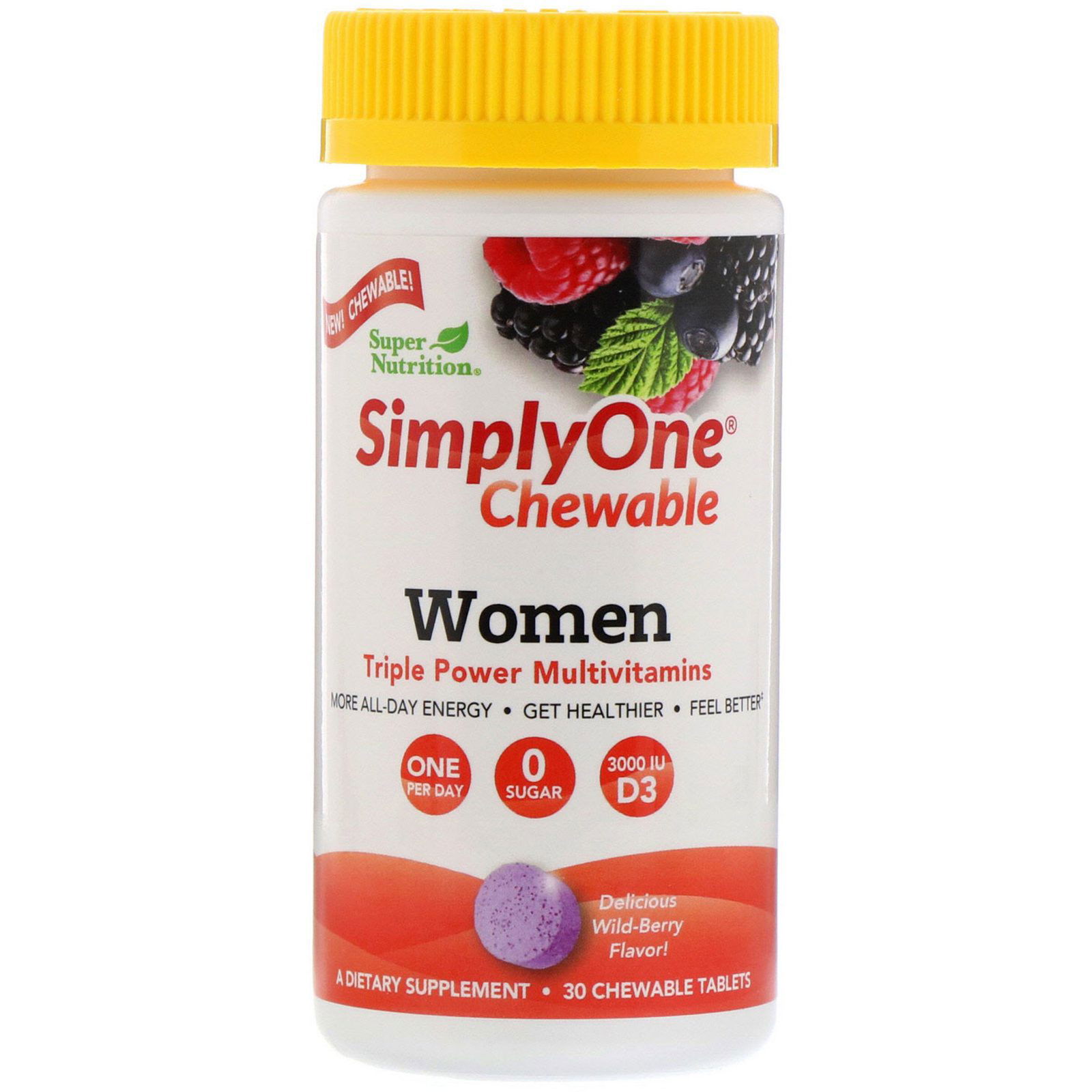 Super Nutrition, SimplyOne, Women Triple Power Multivitamin, Wild-Berry Flavor, 30 Chewable ...