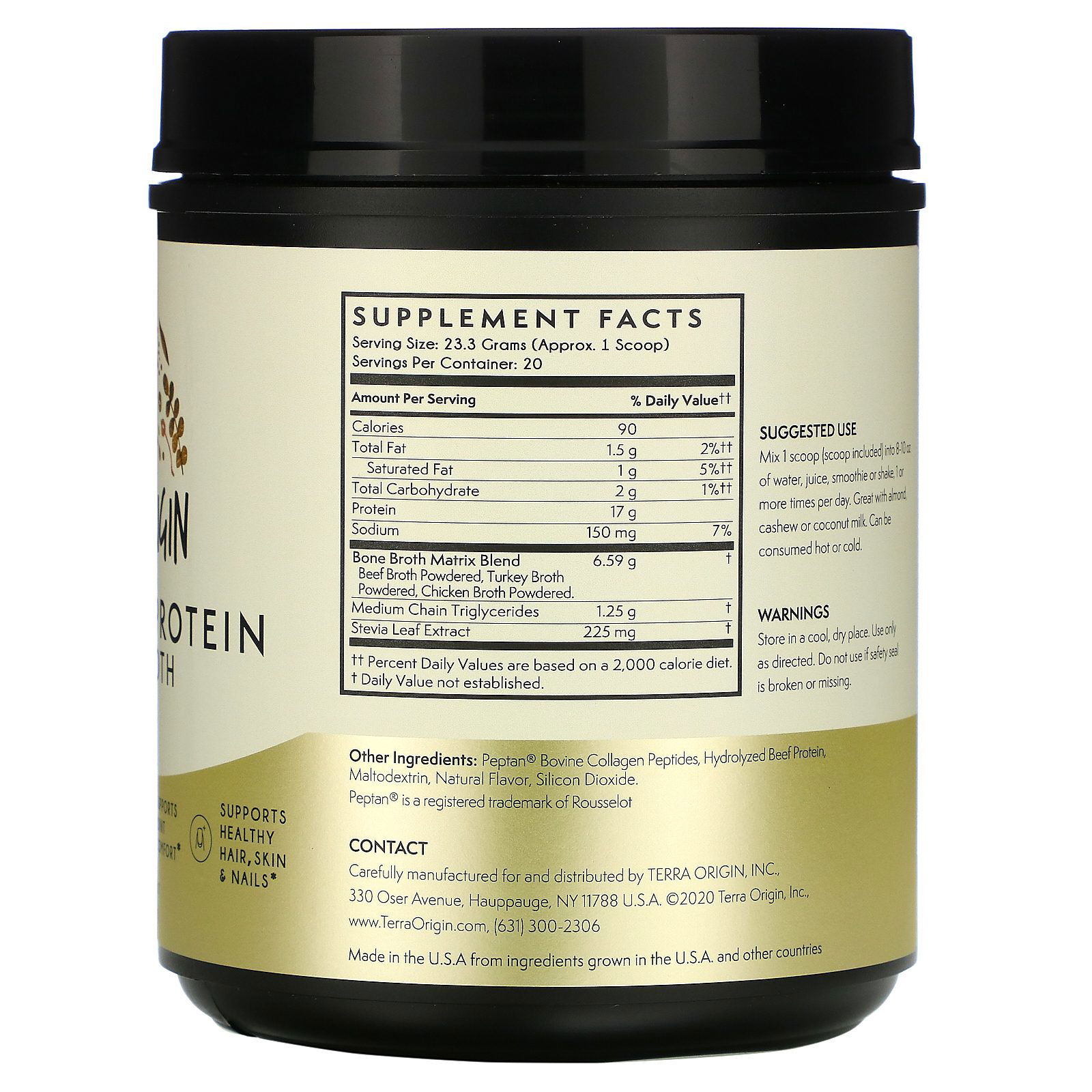 Terra Origin, Collagen + Protein Bone Broth, Vanilla, 16.43 oz (466 g ...