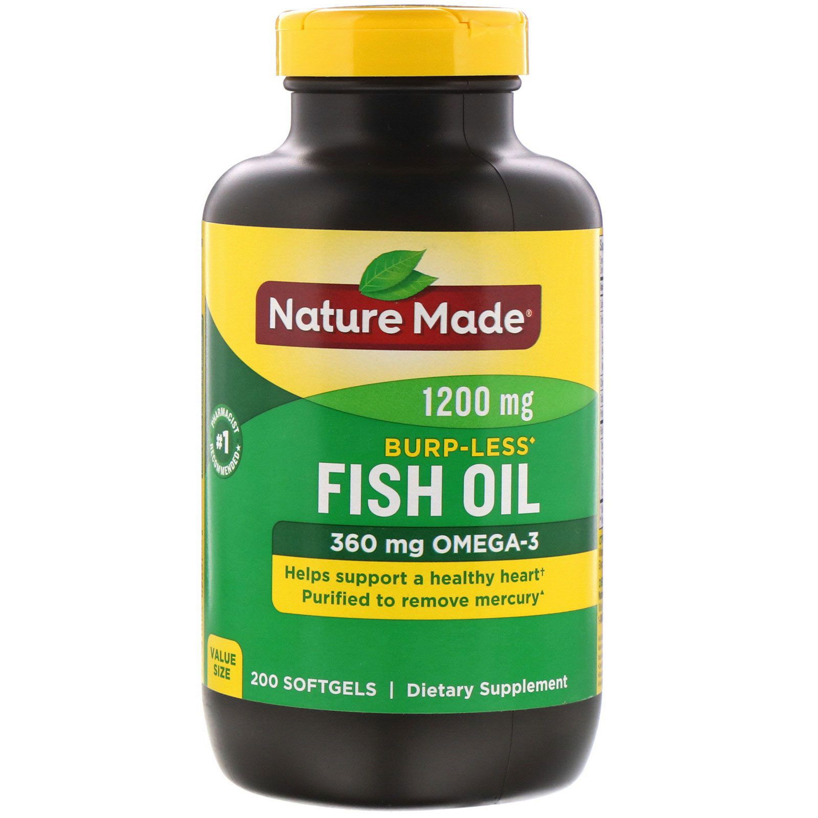 Nature Made, Fish Oil, Burp-Less, 1,200 mg, 200 Softgels | Allnatural
