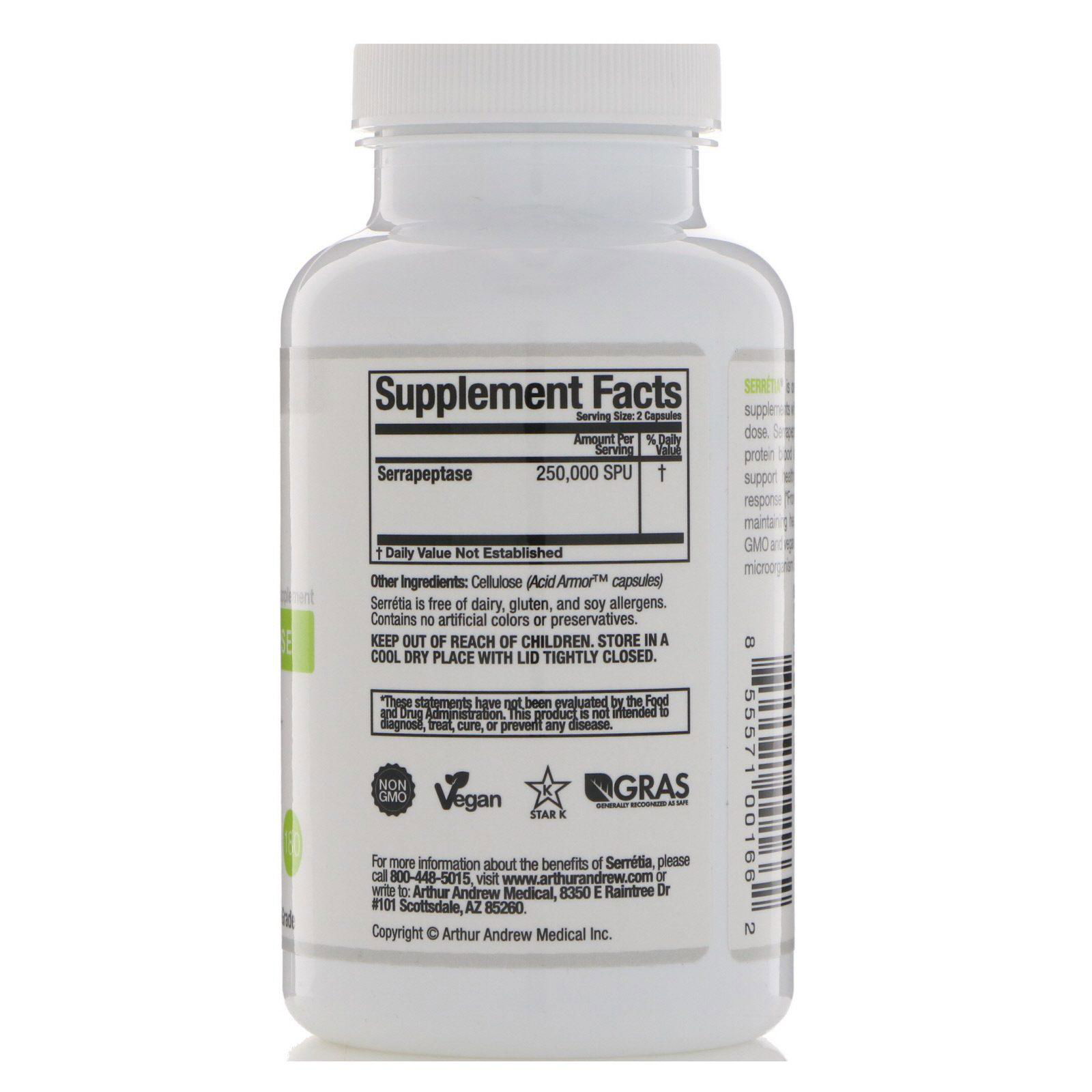 Arthur Andrew Medical, Serretia, Pure Serrapeptase, 500 mg, 180 ...