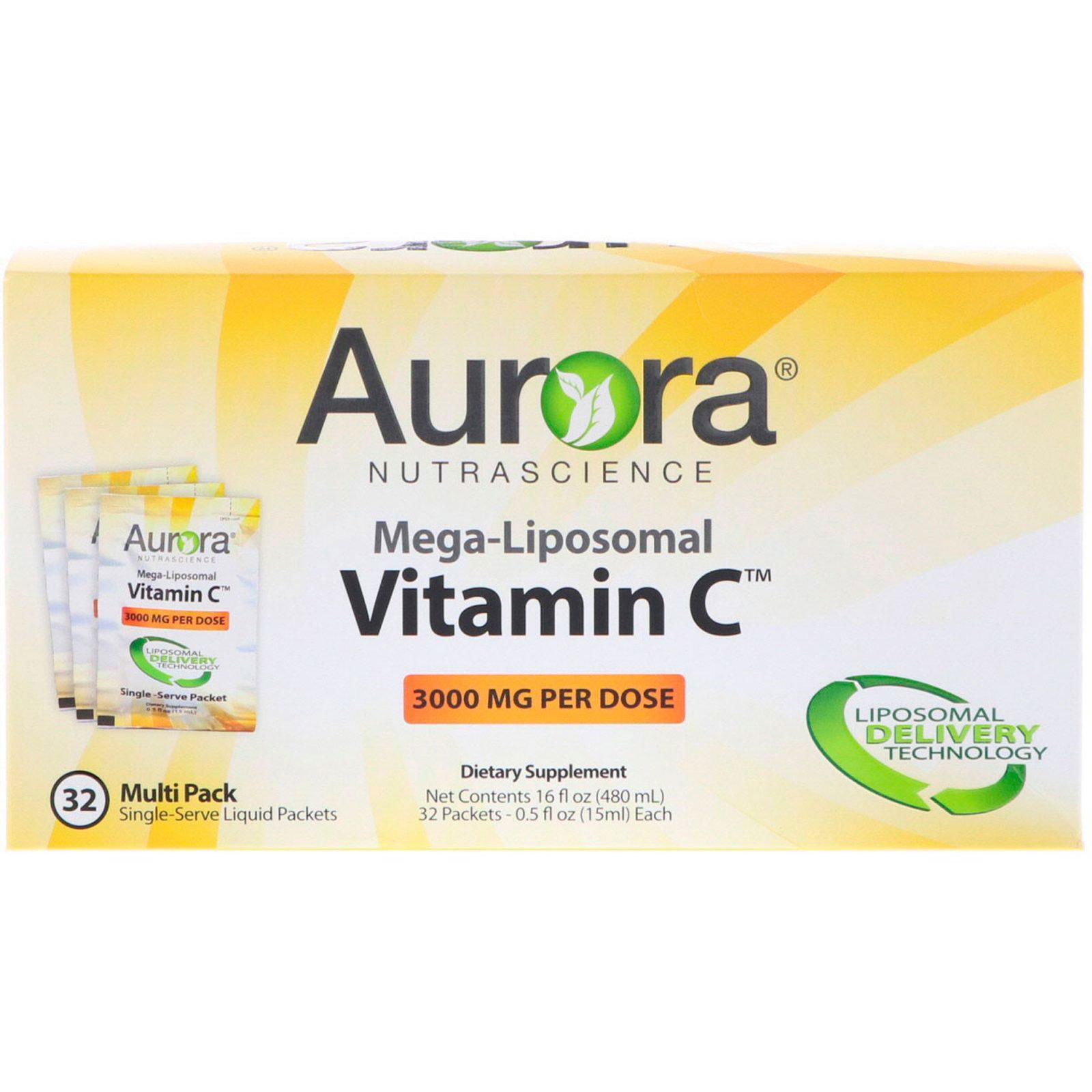 Aurora Nutrascience, Mega-Liposomal Vitamin C, 3000 mg, 32 sobres individuales de una sola ...