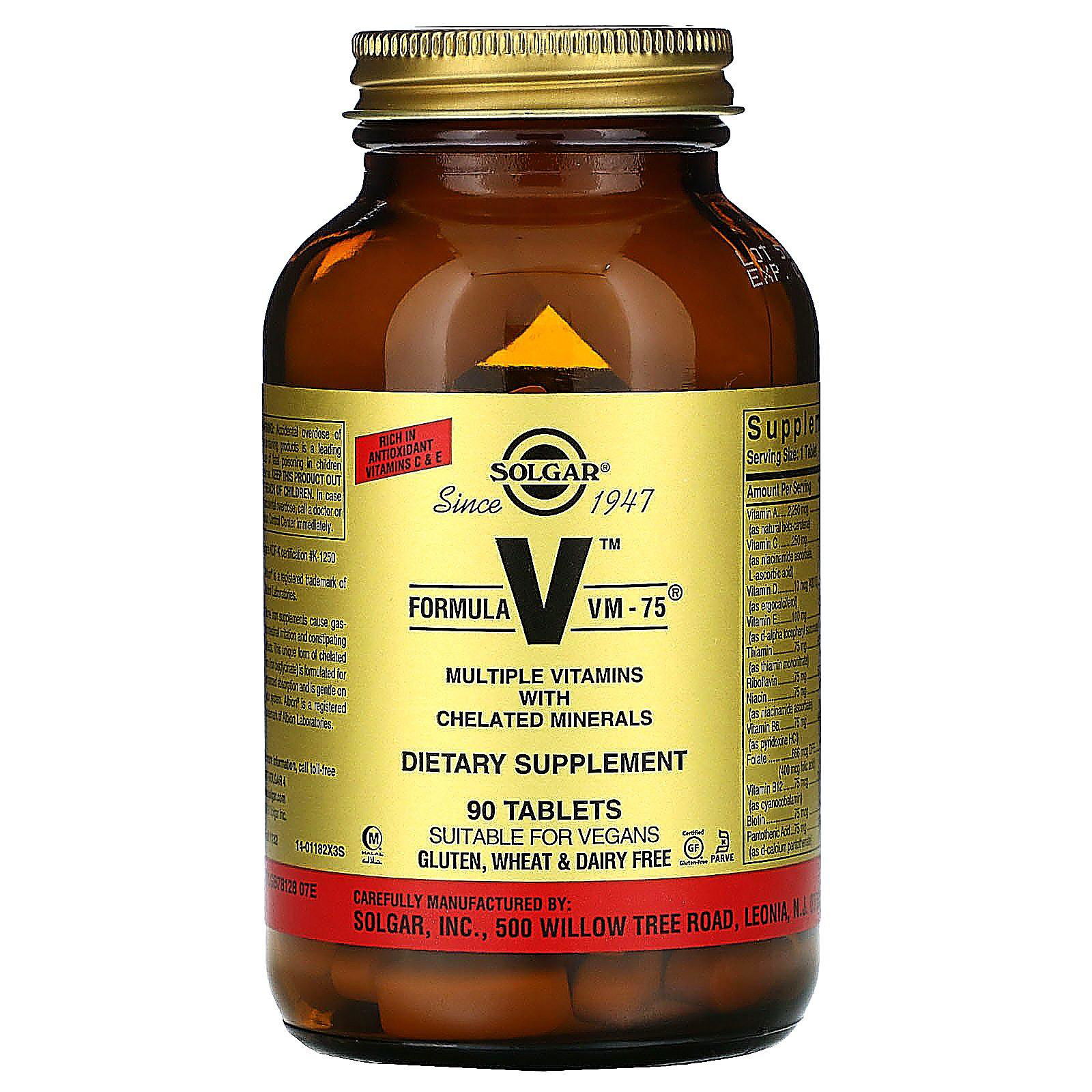 Solgar, Fórmula V, VM-75, Multivitaminas con minerales quelados, 90 ...