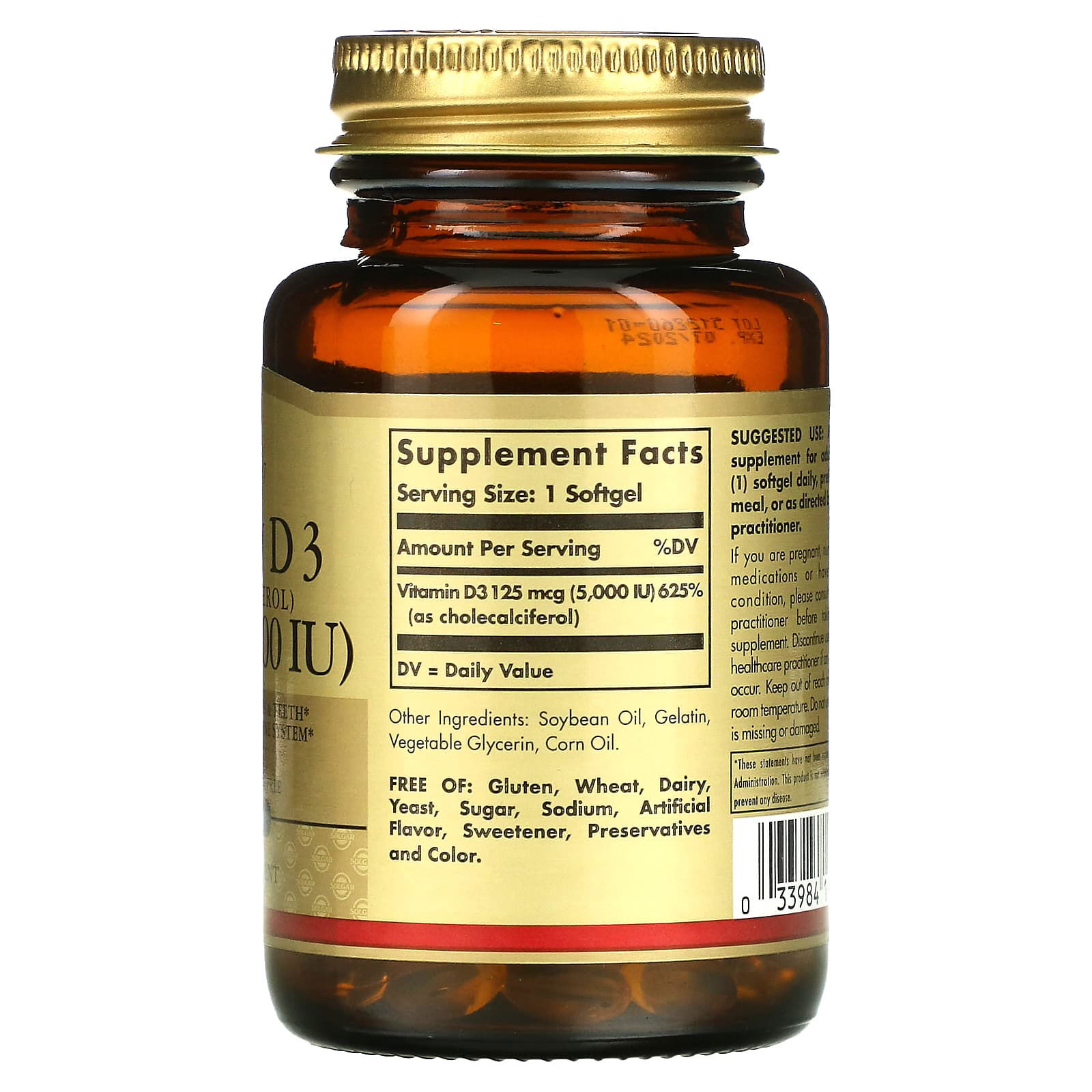Solgar, Vitamina D3 (colecalciferol), 125 mcg (5000 UI), 100 cápsulas blandas | Allnatural
