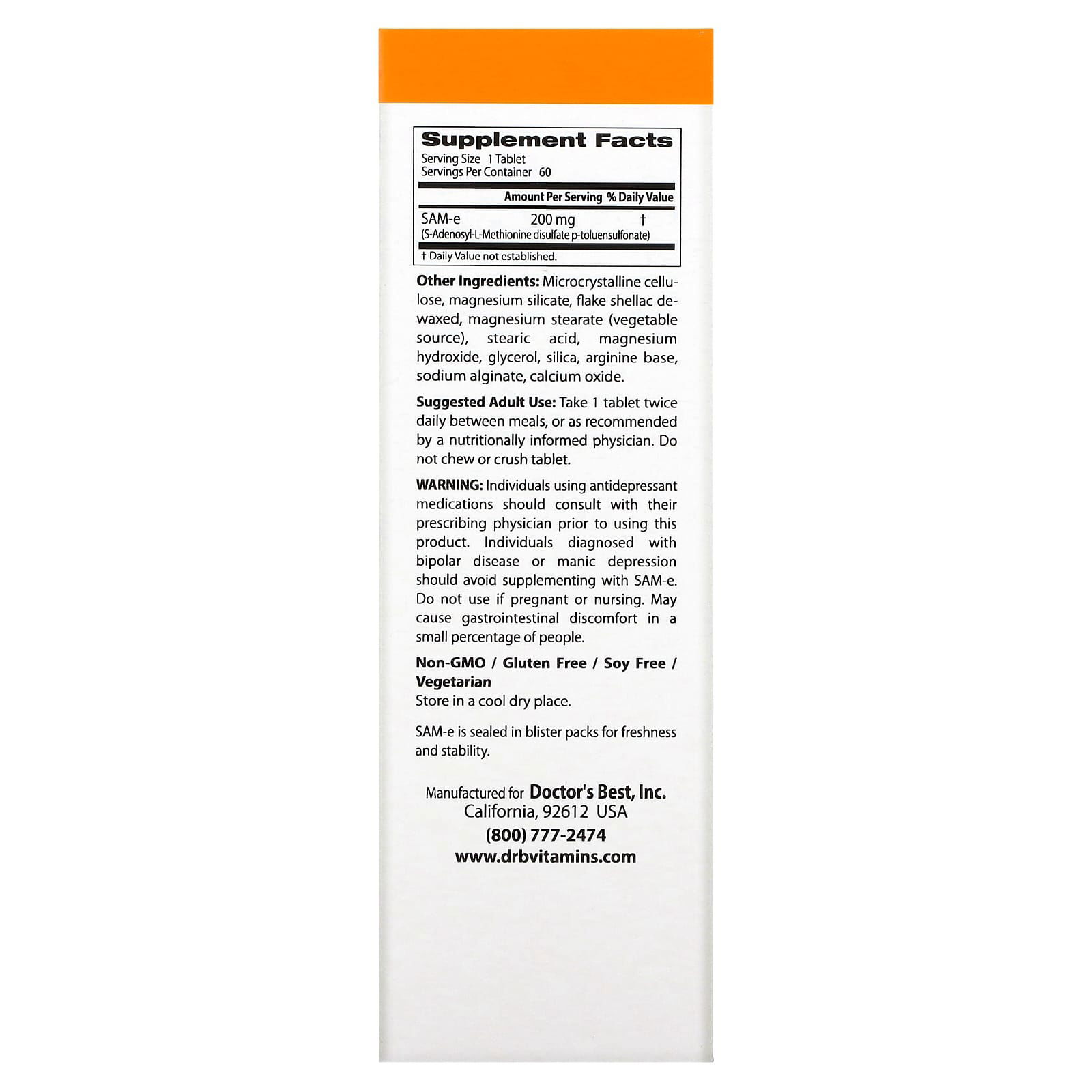 Doctor's Best, SAMe (disulfato de tosilato), 200 mg, 60 comprimidos con recubrimiento entérico ...